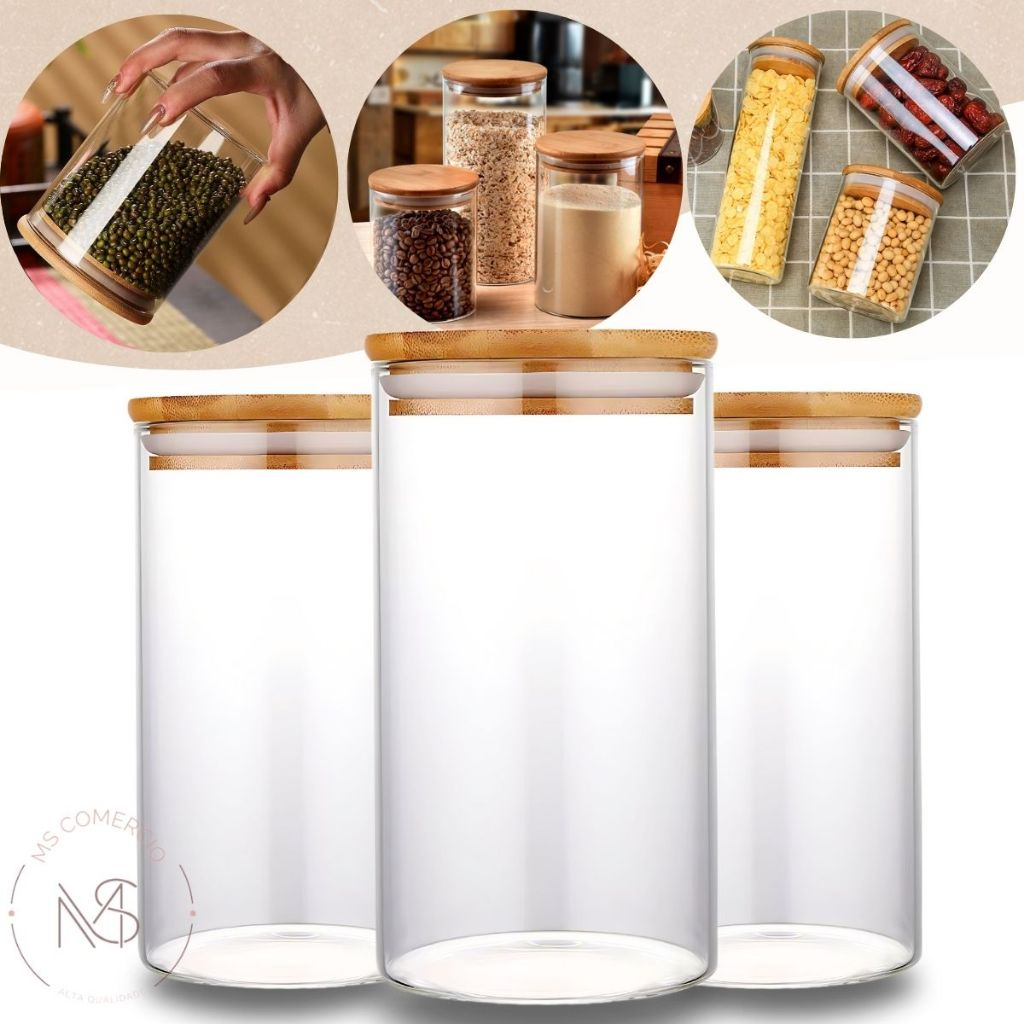 Kit 3 Potes de Vidro 300ml com Tampa Bambu Potes Hemetico | Shopee Brasil
