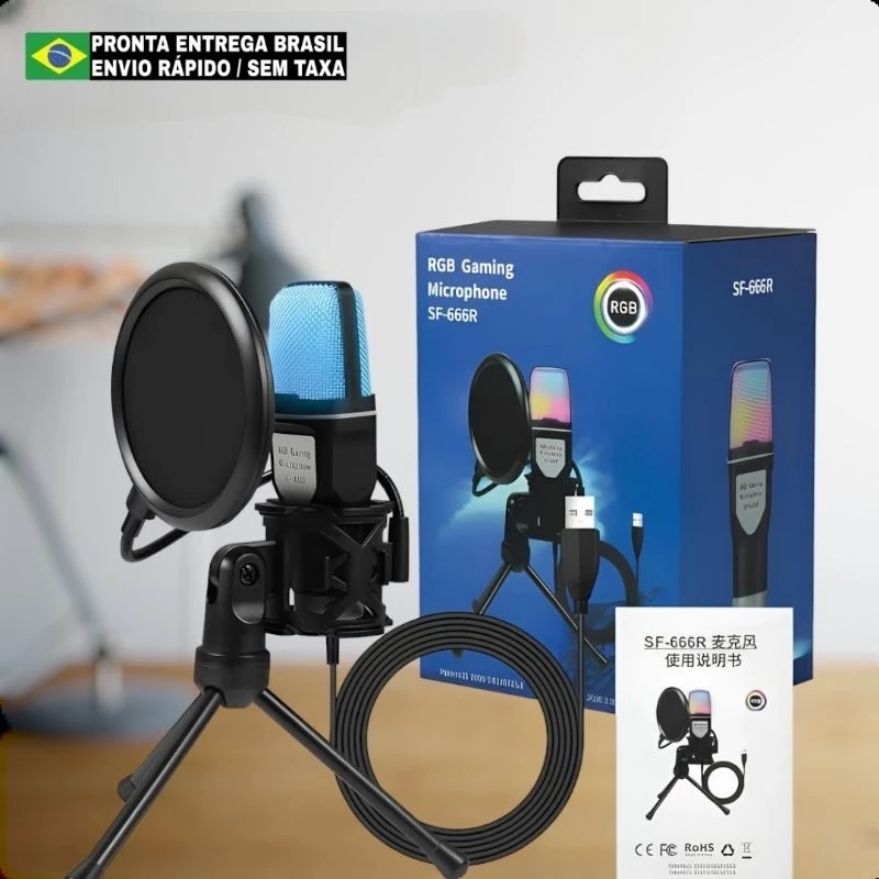 Microfone condensador RGB USB SF-666R com filtro antivibração, Para ...