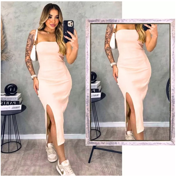 Vestido Midi Tomara Que Caia Modelador Com Fenda Lateral Decote Balada ...