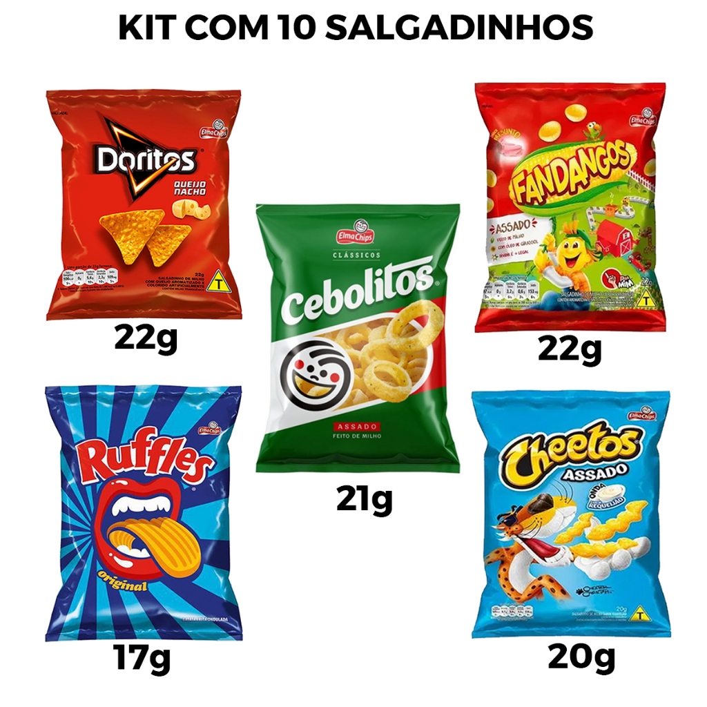 Kit com 10 salgadinhos Sortidos Doritos Cebolitos Ruffles Chettos Fandangos Elma Chips | Shopee ...