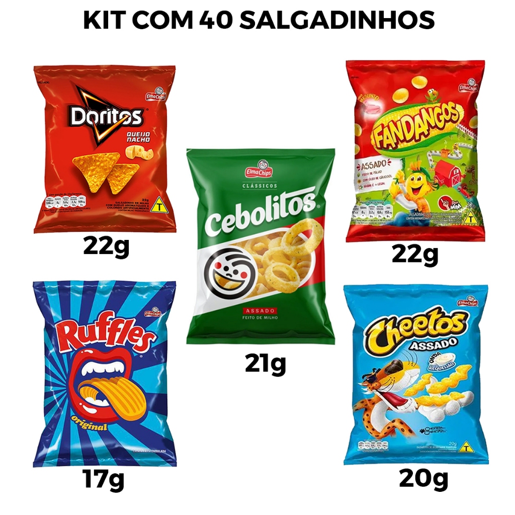 Kit com 40 salgadinhos Sortidos Cebolitos Doritos Ruffles Chettos Fandangos Elma Chips | Shopee ...