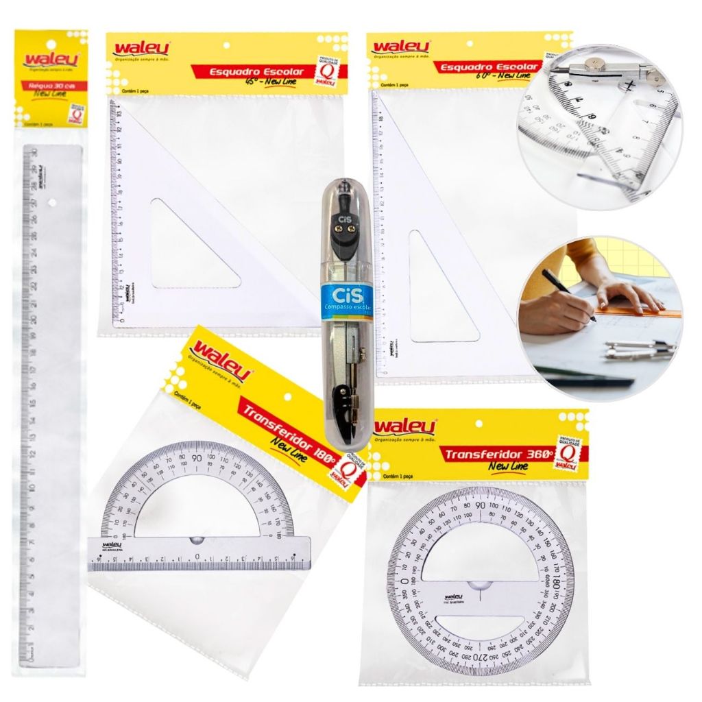 Kit Escolar 6 pçs Transferidor Esquadro Compasso Régua Matemática ...