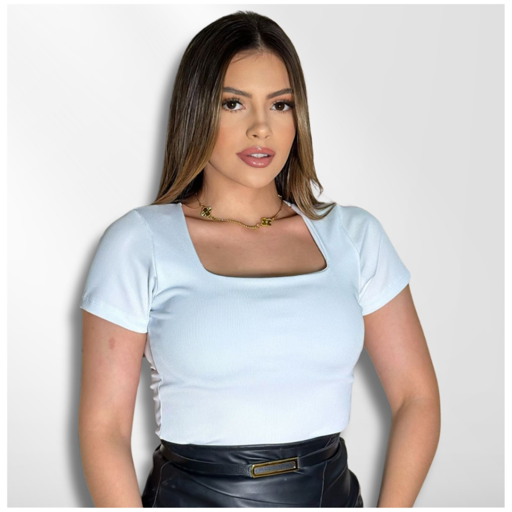 Camiseta Feminina Gola Quadrada Lisa Ribana Canelado Moda Gringa T ...