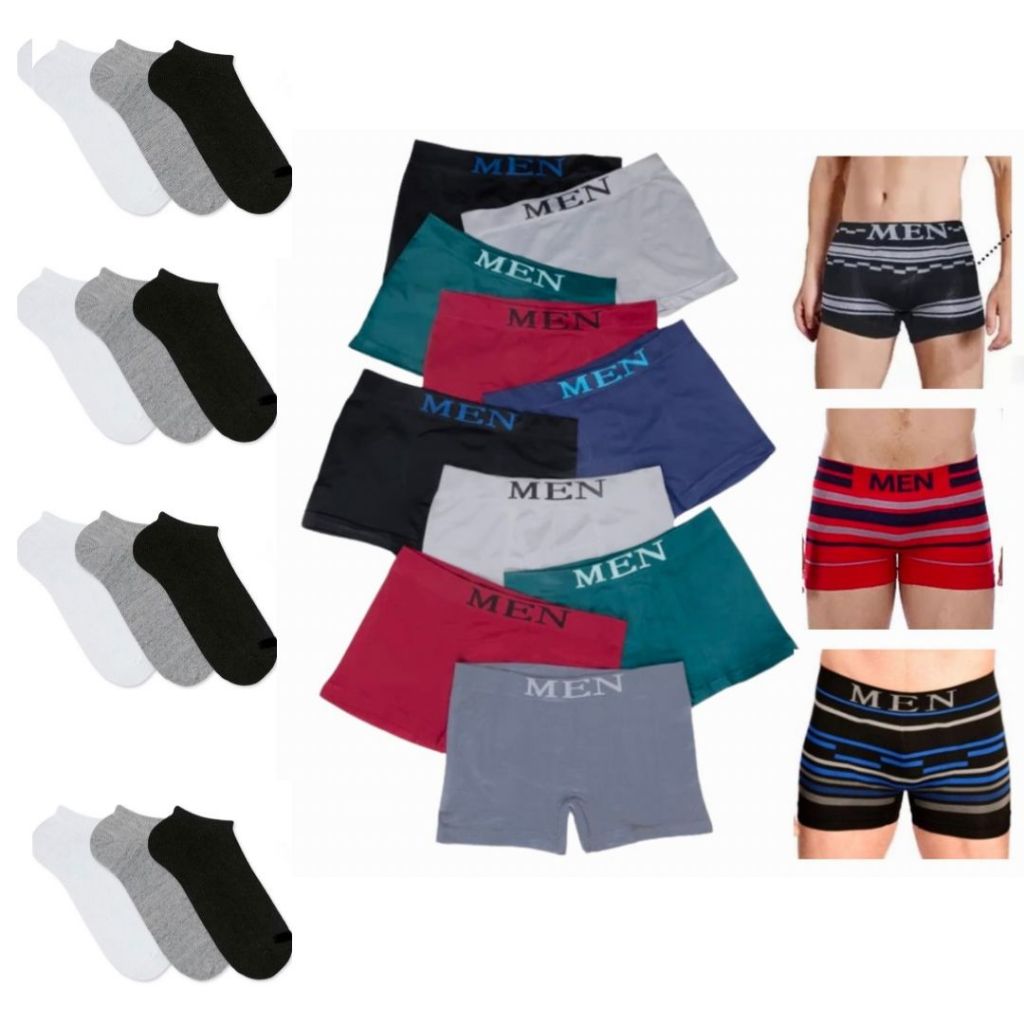 Kit 6 Cuecas Boxer Microfibra Adulto + 06 Pares Meias Soquete | Shopee Brasil