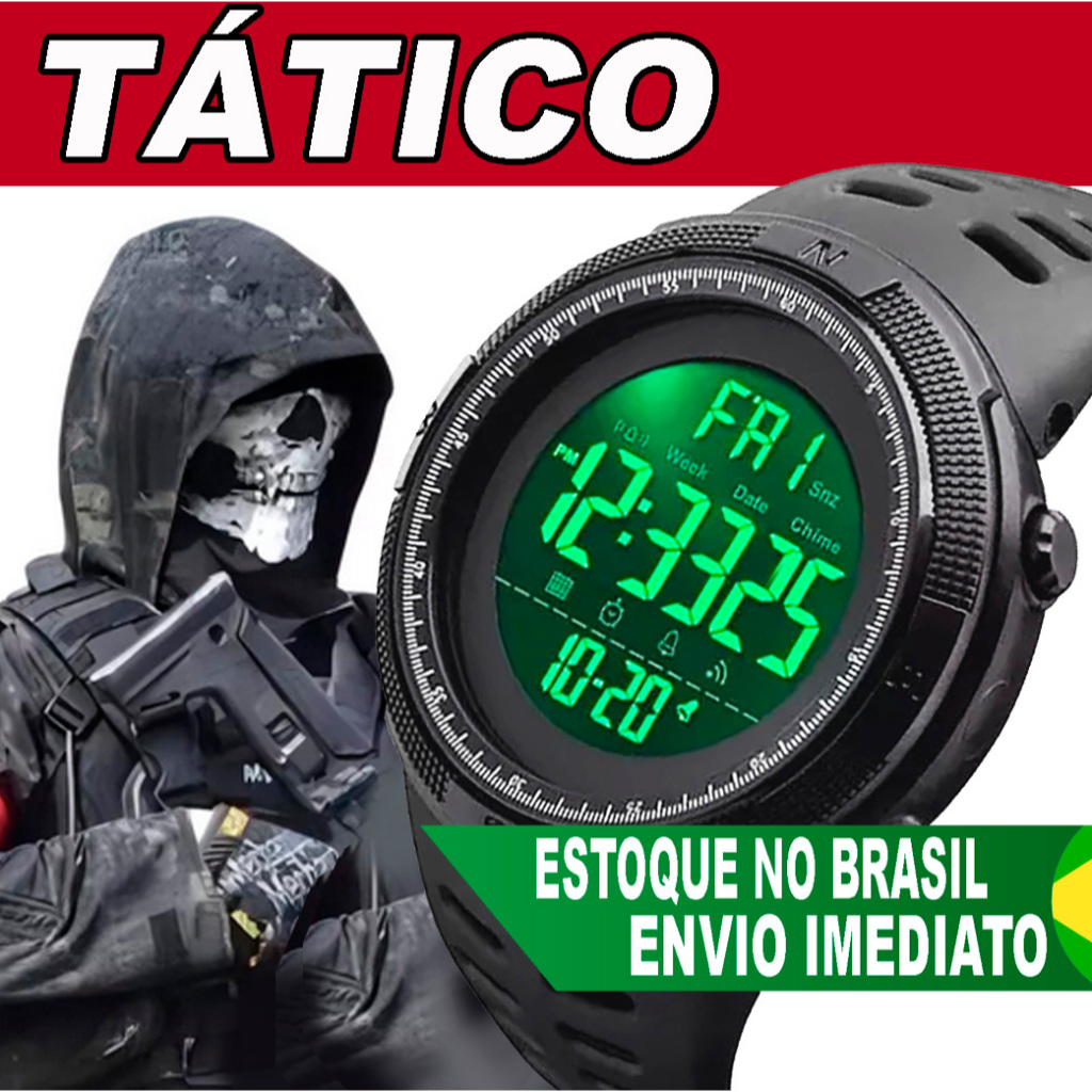 Relógio Digital Preto Skmei Á Prova D'água Tático Esportivo Resistente Corrida Cronometro Alarme ...