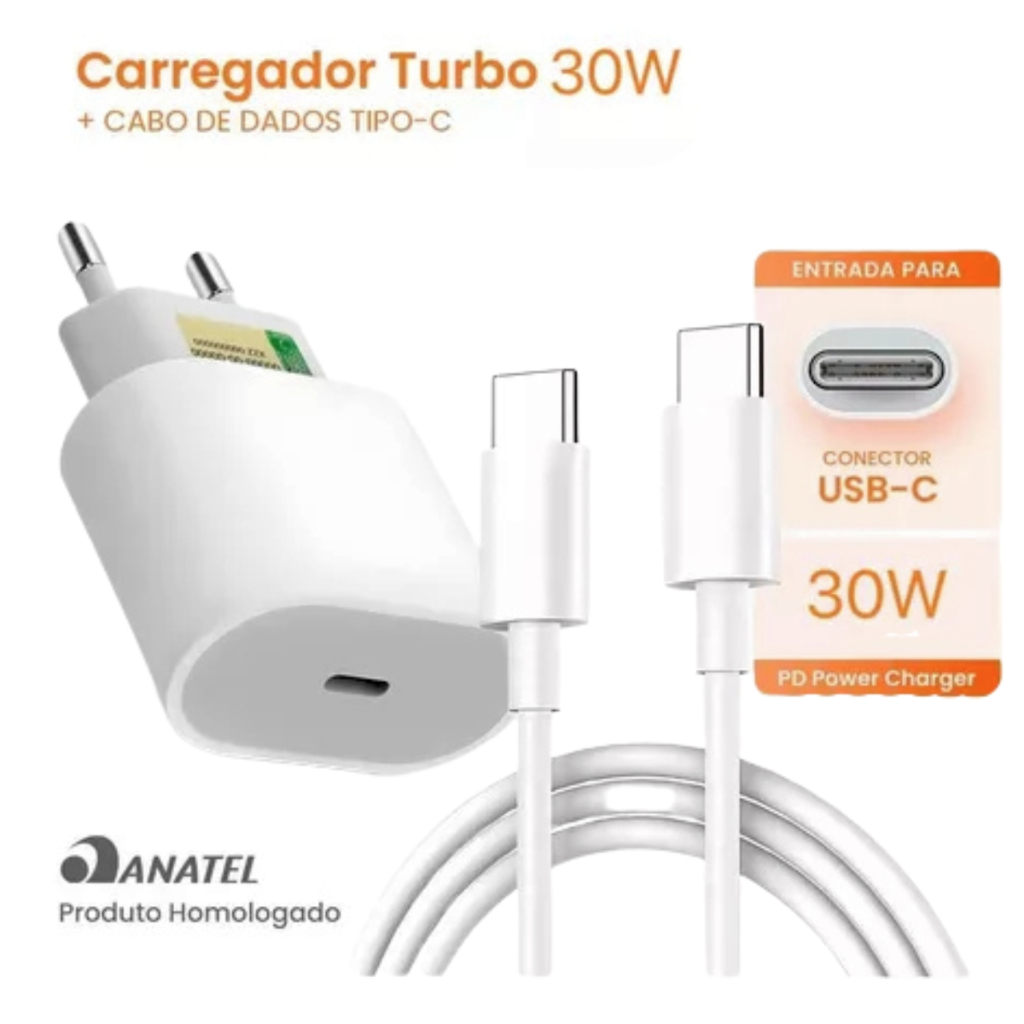 Carregador para Iphone Turbo 30W Completo Cabo Tipo C PD Tipo-C ...