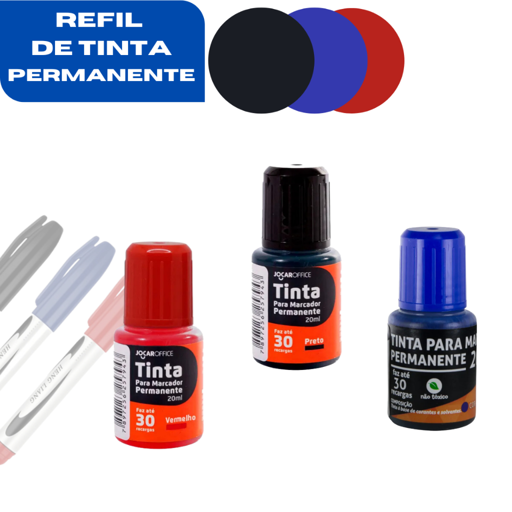 Kit Tinta para marcador permanente 20ml refil recarga preto azul ...