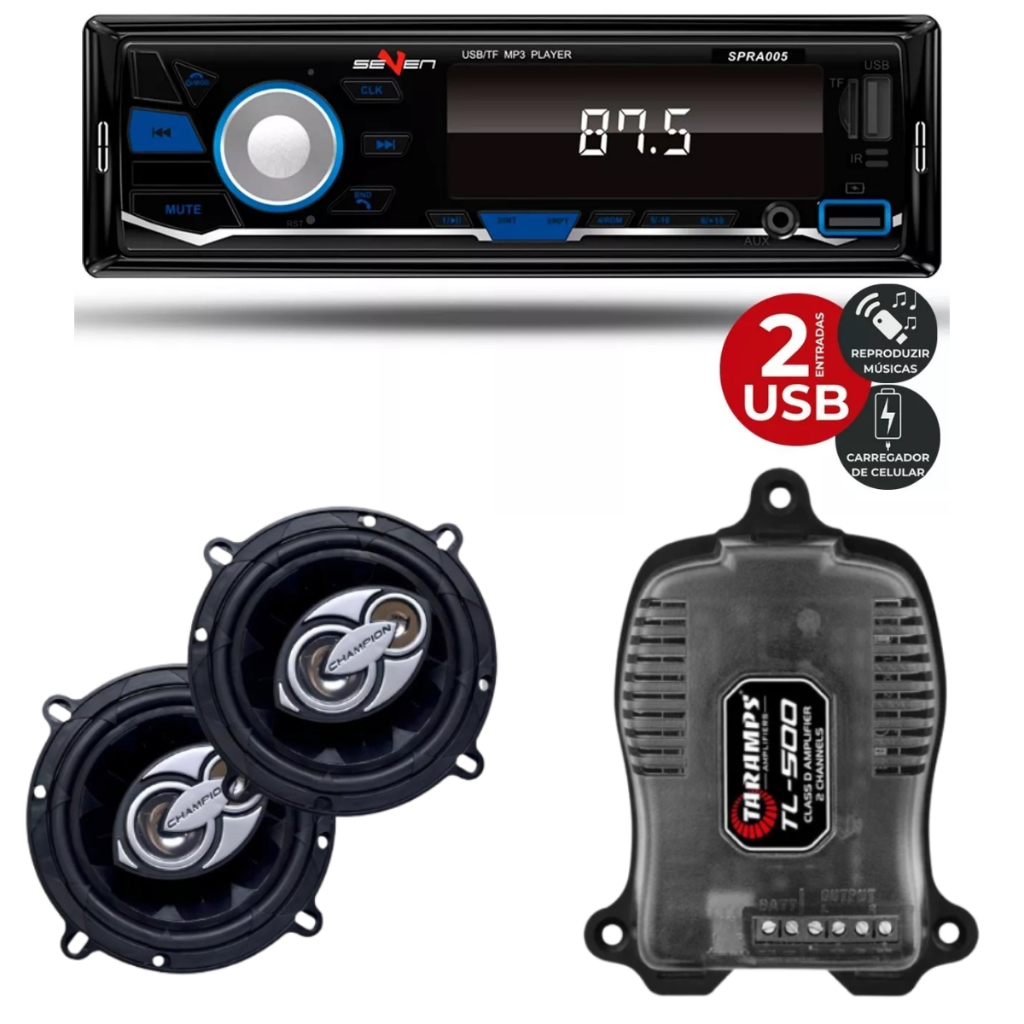 Kit Som MP3 automotivo com USB Bluetooth e SD + Módulos Taramps TL500 ...