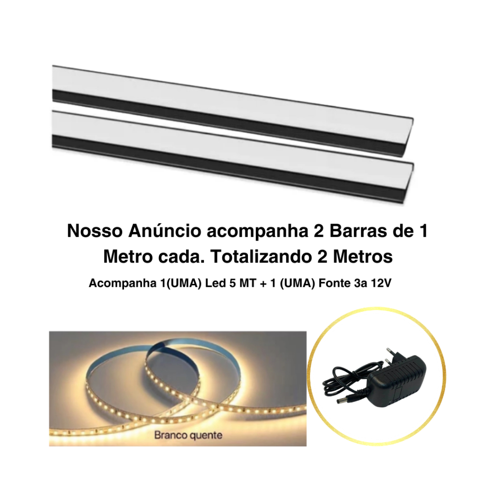 Kit 2 Perfis de Sobrepor (1m) + 1 (UMA) Fita Led Branco Quente 3K + 1 ...