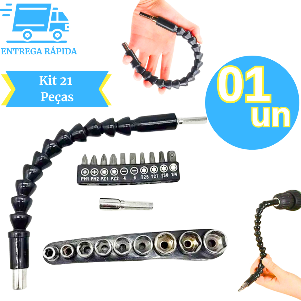 Eixo Prolongador Extensor Flexível 1/4 Universal 25cm Adaptador Parafusadeira e Furadeira 21 ...