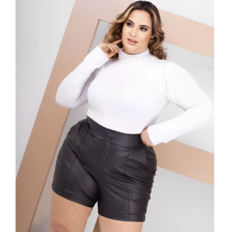 Shorts Modelo Plus Size Feminino Couro Fake Cintura Alta Liso Basico C ...