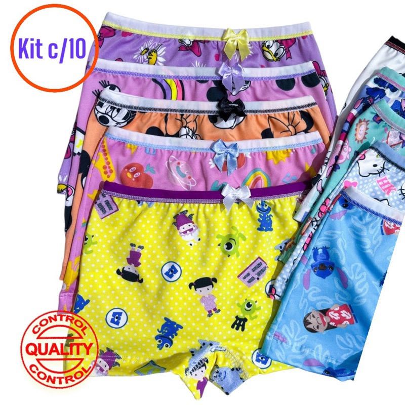 Kit 10 Calcinhas Boxer Infantil Menina Conforto Dia a Dia Cores ...