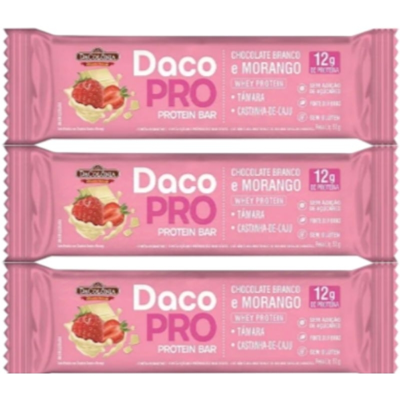 KIT C/ 3 BARRA DACOPRO PROTEIN BAR CHOCOLATE BRANCO E MORANGO 50G ...
