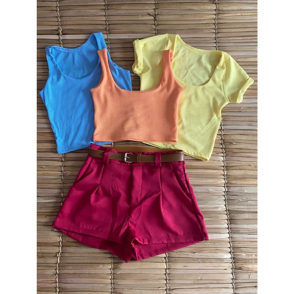 Kit Babalu Combo com Três Croppeds e Shortinho Alfaiataria com Cinto ...