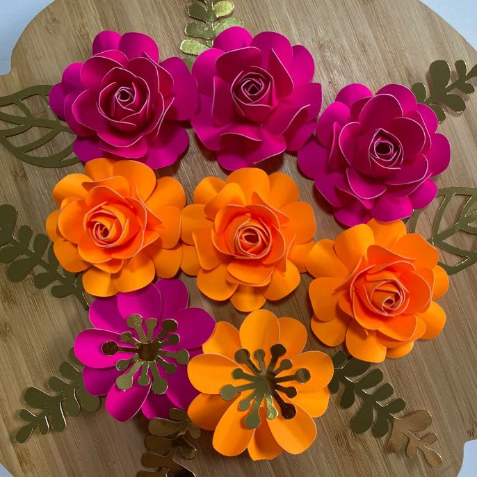 Kit 8 flor de papel para topo / topper de bolo - Rosa e Laranja neon ...