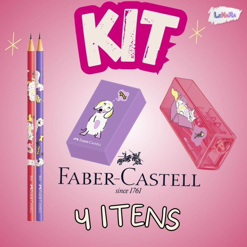 kit faber castell pets rosa e roxo 2 Lápis de escrever + 1 borracha + 1 ...