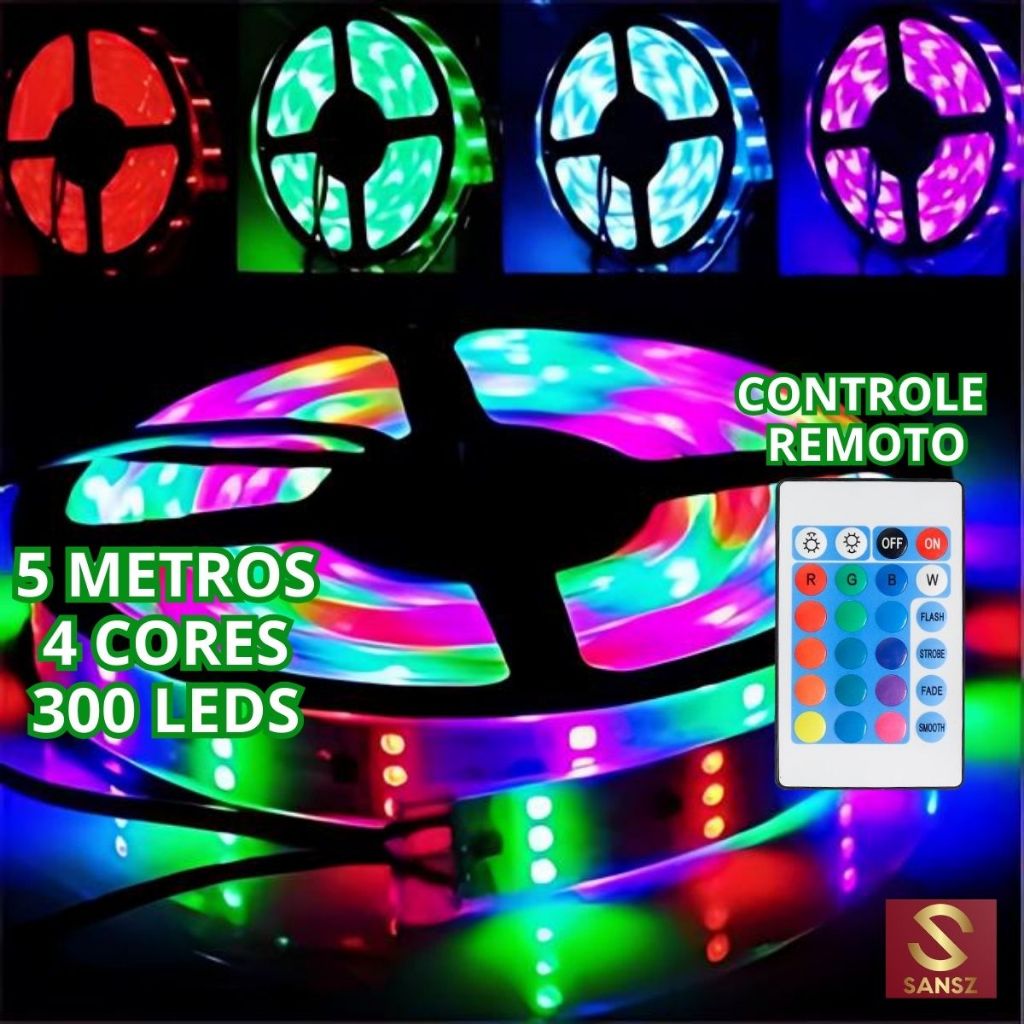 Fita 300 LEDs RGB - 4 CORES - 5 METROS Bivolt FITA LED | Shopee Brasil