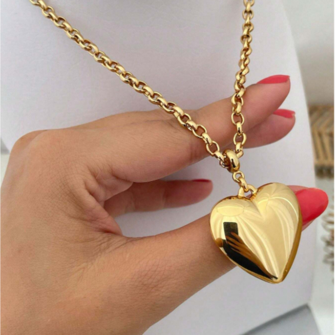 Colar semi joia Coração corrente elo portugues fina verniz italiano ...