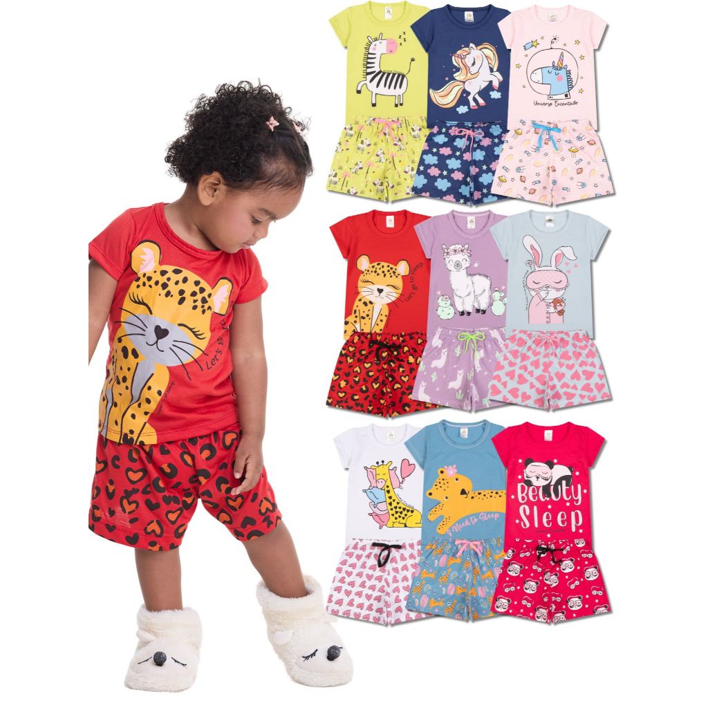 Kit 6 Peças de Pijamas Curto Infantis para Bebê Meninas Confortáveis e ...
