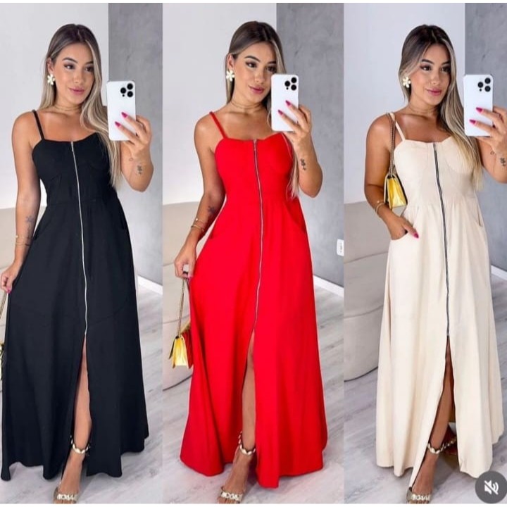 vestido longo con ziper na freste | Shopee Brasil