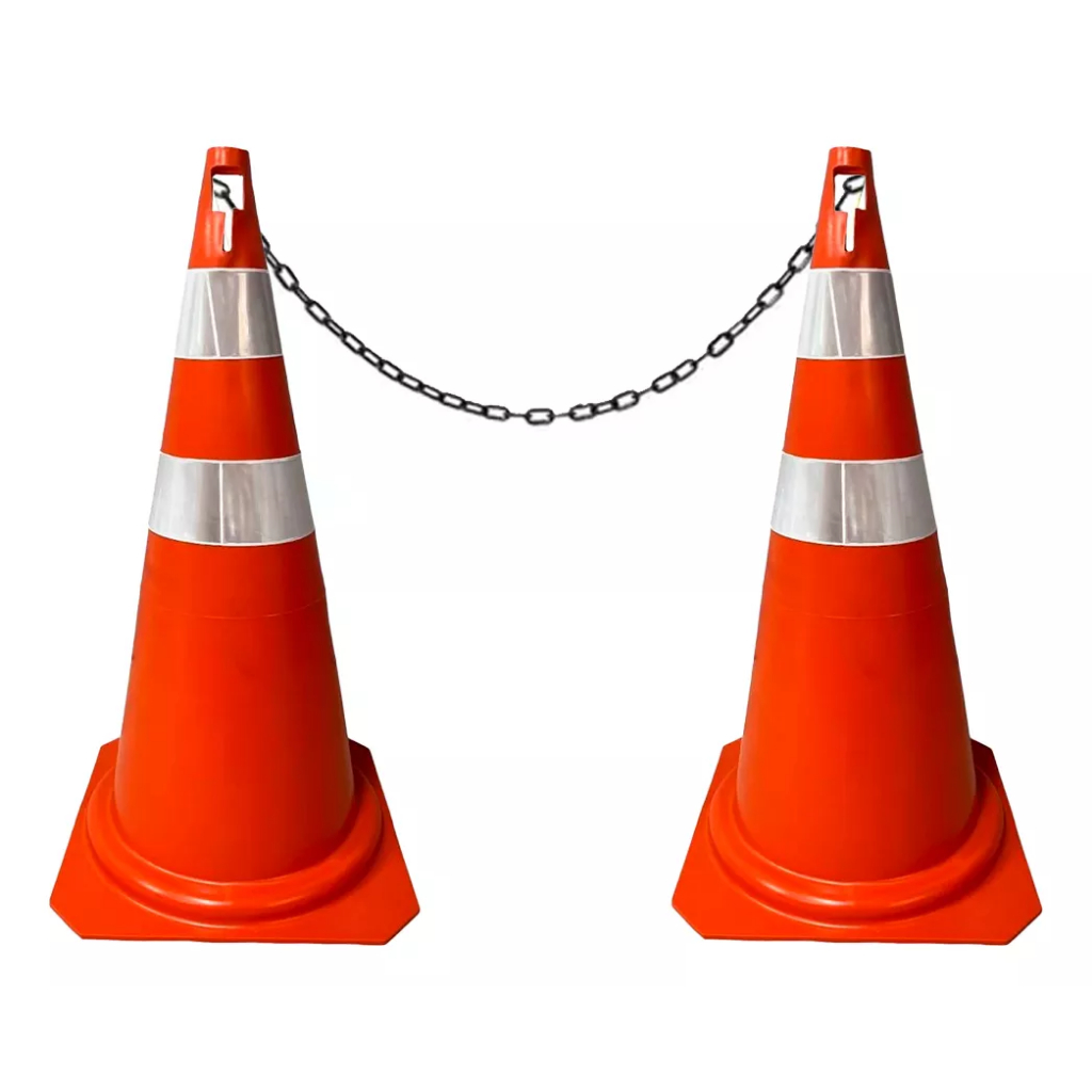 2 Cones De Sinalização Refletivo Rigido 75cm+2 Mts Corrente Demarcação ...