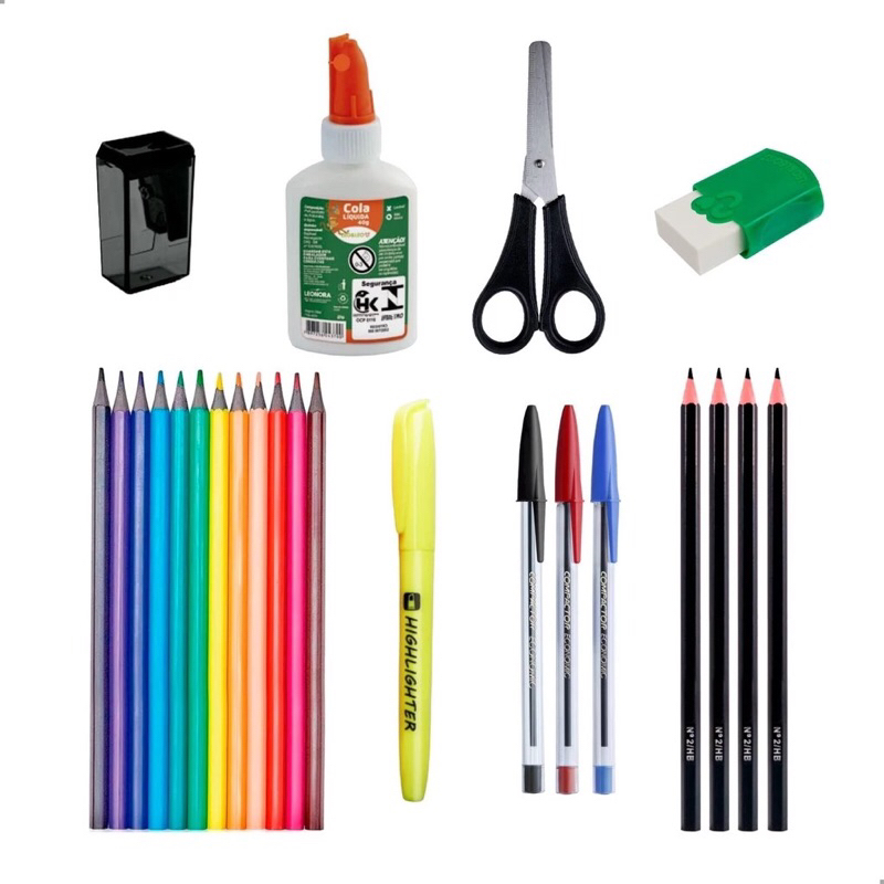 Kit Material Escolar Lapis De Cor Canetas Marcador Cola Tesoura E Mais ...