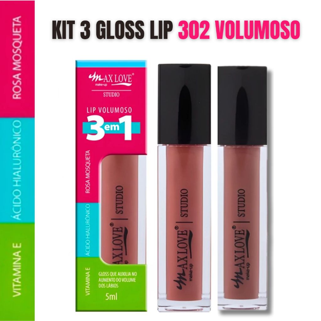KIT com 3 Gloss Lip Max Love Volume e Hidratação com Vitamina E e Ácido ...