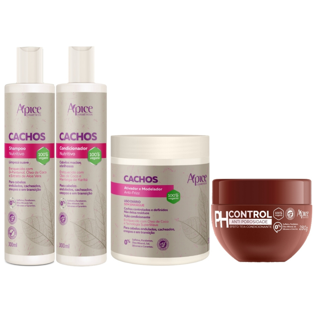 Kit Apse Cachos Antiporosidade Shampoo Condicionador Ativador De Cachos + Mascara Ph Control ...