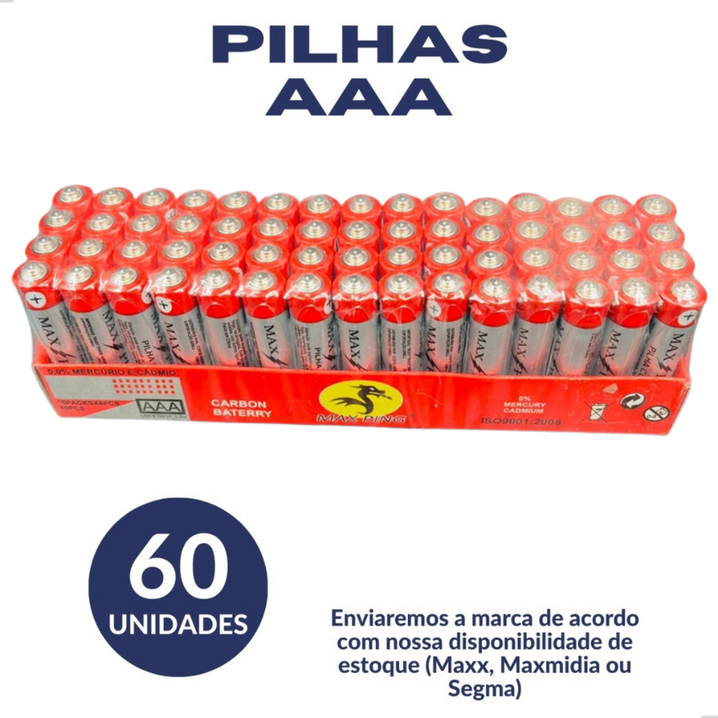 Pilha AAA AA Palito com 60 Unidades Kit Pilhas para Controle Remoto ...