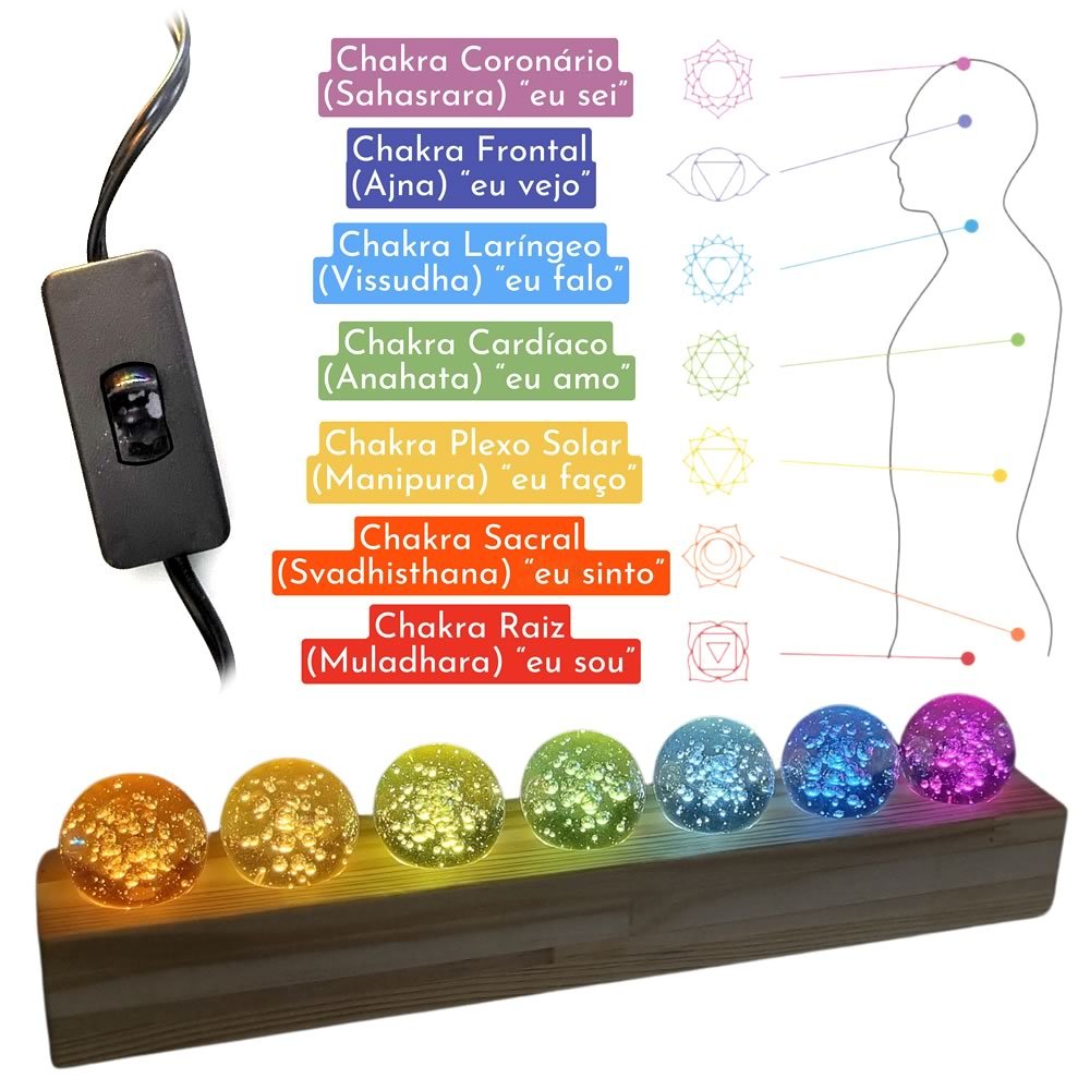 Luminária com Esferas dos Sete Chakras (33cm) LED, Madeira de ...