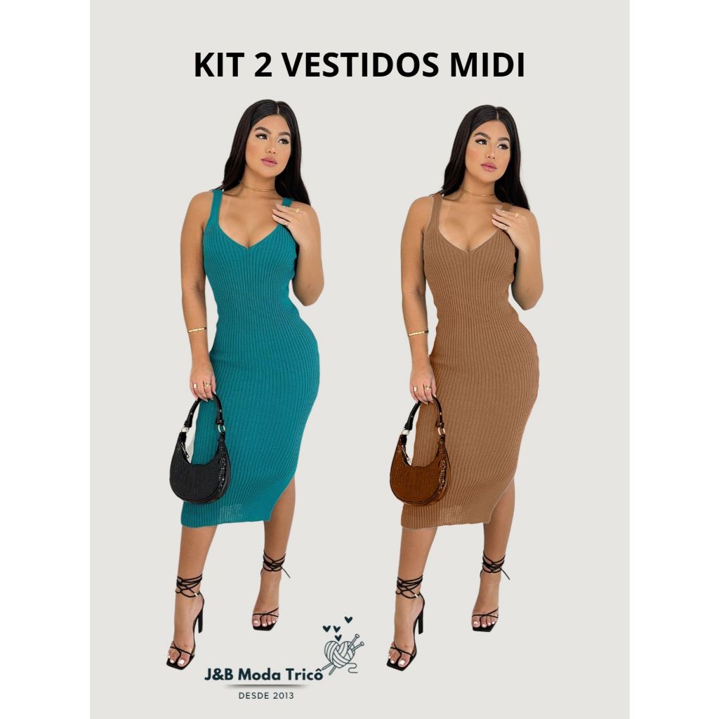 Kit com 02 Vestido Midi Alcinha Tricot Premium Moda Feminina Verão | Shopee Brasil