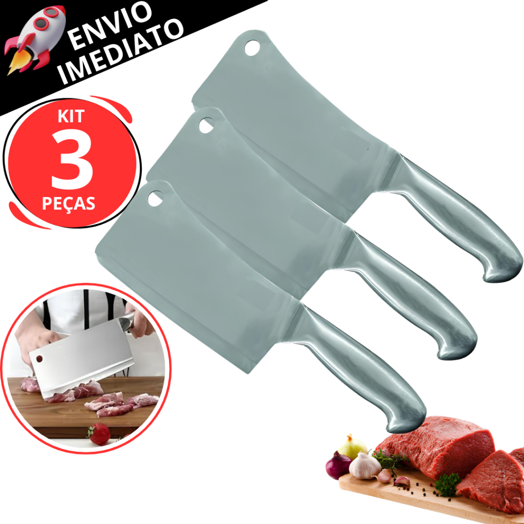 Kit 03 Faca Cutelo Em Inox Machadinho Profissional Escovado Linha Texas ...