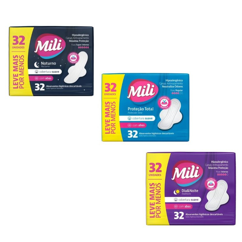 Absorvente Mili 3x 32 Com Abas Suave ,Noturno,dia e noite,tradicional ...