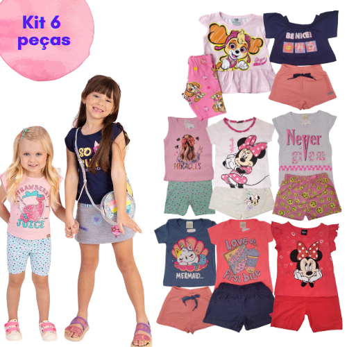 Kit Sortido 6 Peças De Roupas Infantil Menina 3 Camisetas E 3 Bermudas Conjuntos Infantil Verão
