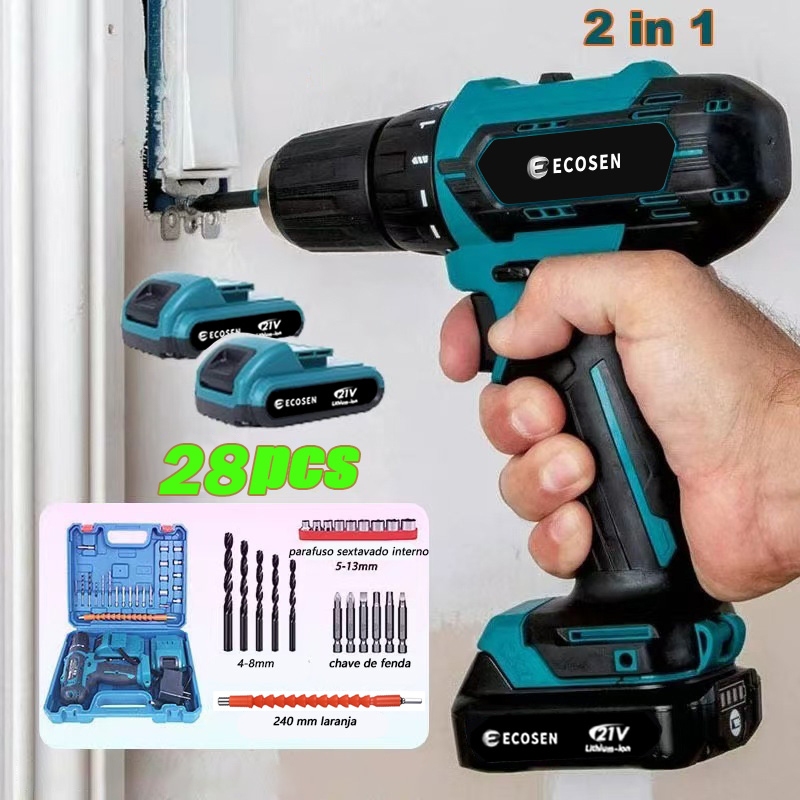 Ecosen Parafusadeira Furadeira à Bateria 21V/28PCS | Shopee Brasil