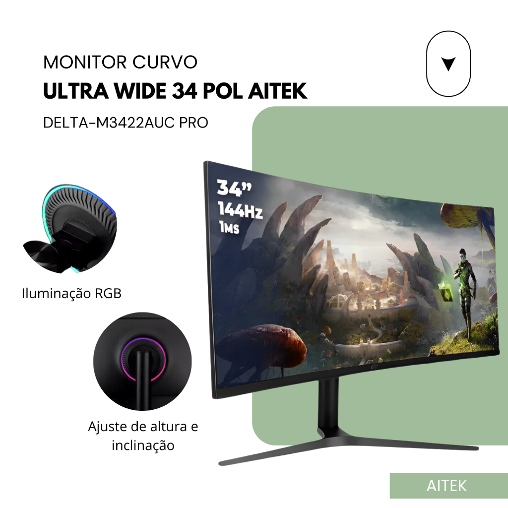 Monitor Curvo Ultra Wide 34'' Aitek DELTA Imersão, Produtividade e ...