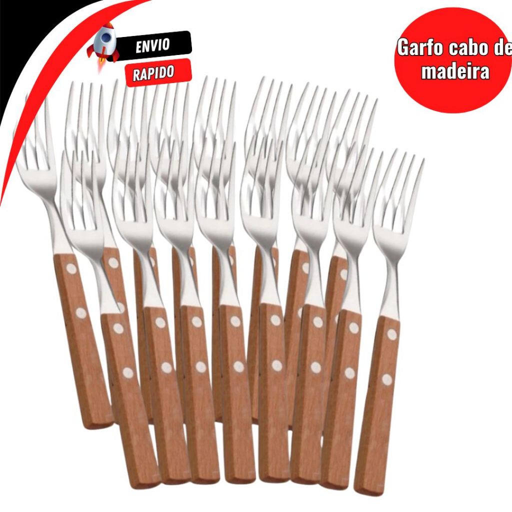 Kit Jogo de Garfo 12 Garfos de Inox Cabo de Madeira Talheres Cozinha ...