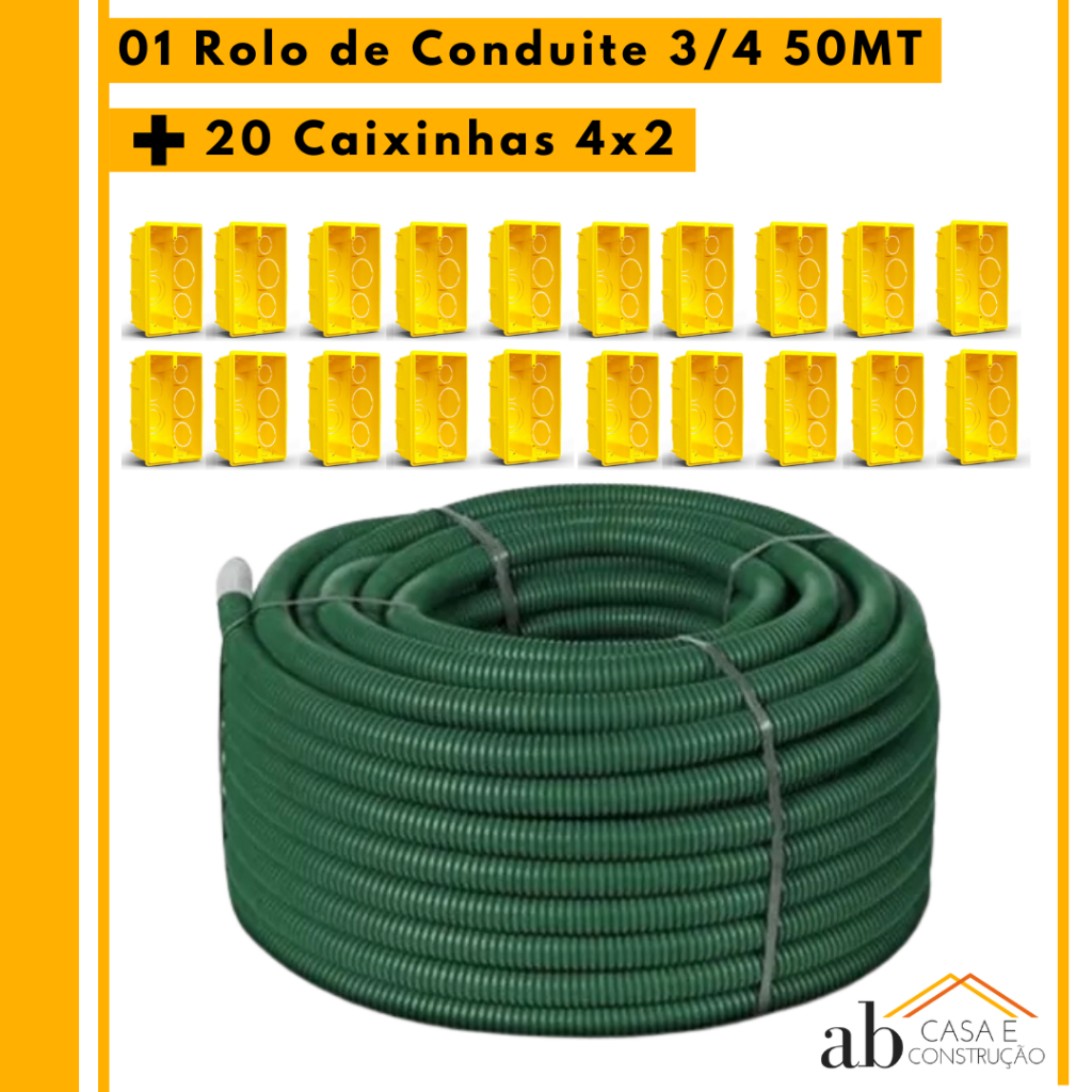 Conduite Corrugado Eletroduto Extra Forte 50 metros + 20 Caixinha ...
