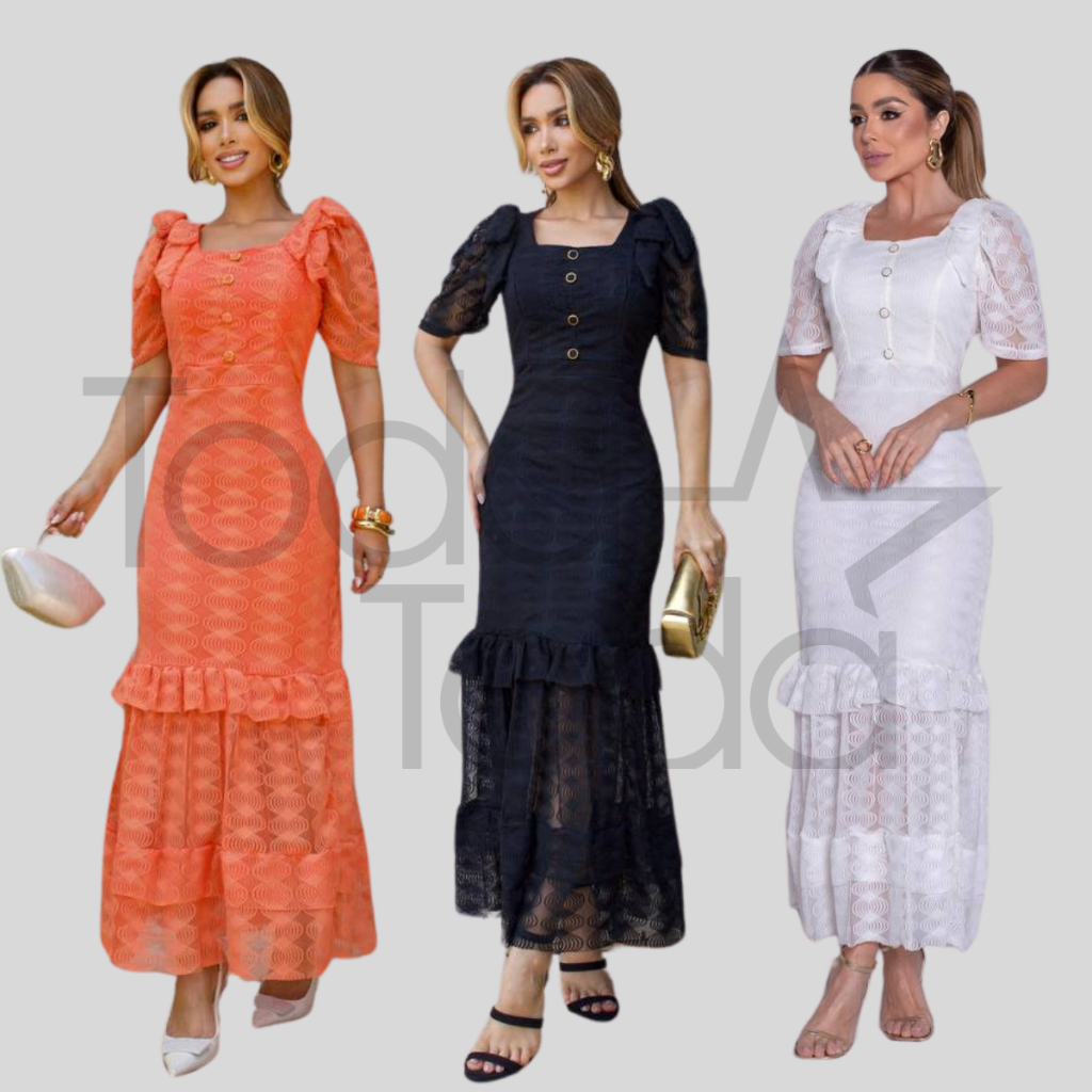 Vestido Toda Toda max midi justo em tule rendado forrado modesto ...