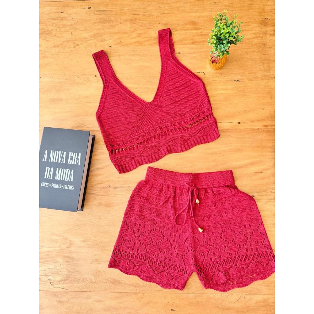 Conjunto Saída de Praia Tricô Feminina Verão 2025 Moda Short e Top ...