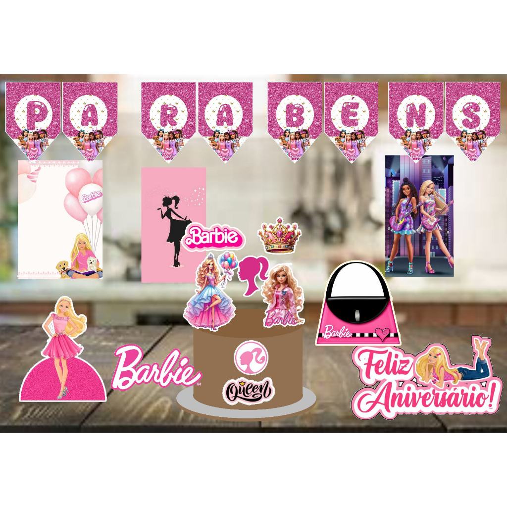 Kit Festa Pronta , barbie personalizado com 56 itens ou so topo de bolo ...