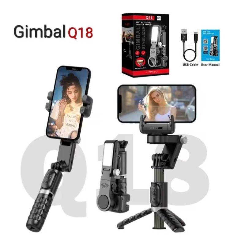 Gimbal estabilizador Q18 360° portátil para celular, suporte para bastão de selfie, Led ...