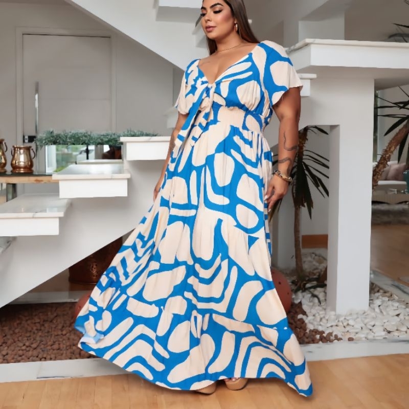 Vestido plus size longo com manga e decote |50 ao 56 - Manu | Shopee Brasil