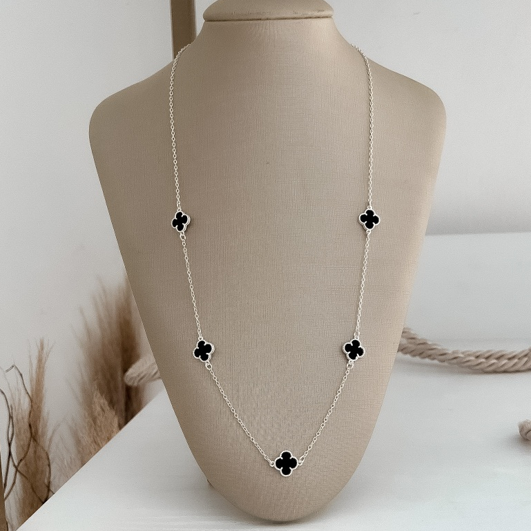 Colar Inspiração Van Cleef 5 Trevos 60cm em Prata 925 joia Premium Onix ...