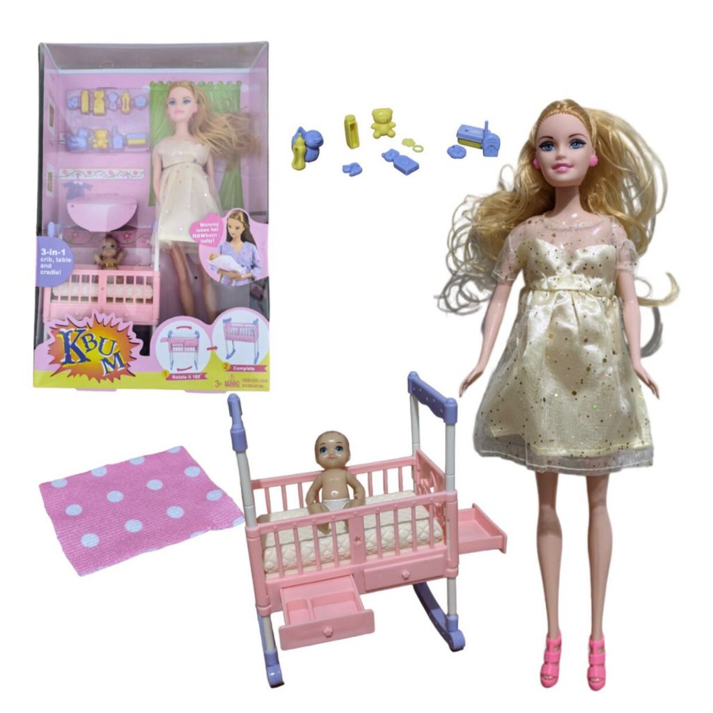 Boneca Barbie Gestante Grávida com Bebê na Barriga e criancinha +berço ...
