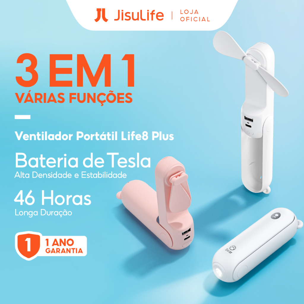 JISULIFE 3 em 1 Mini Ventilador Portátil Dobrável 46 Horas Duração ...