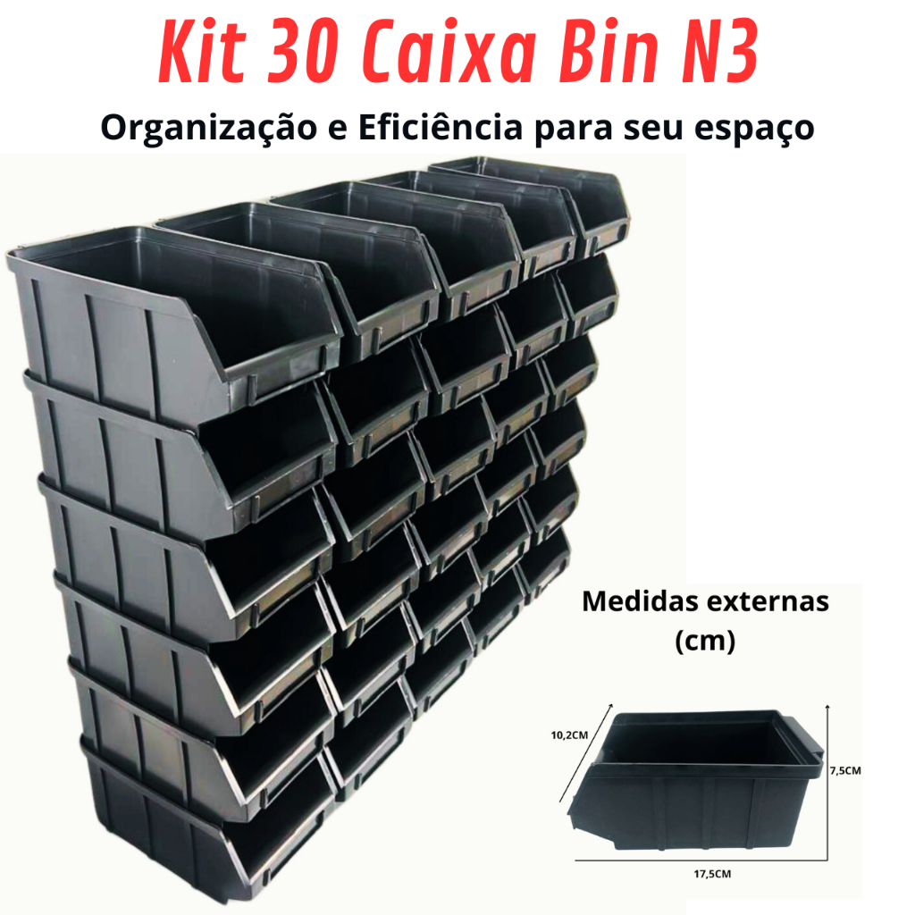 30 Caixas Bin Organizadoras Plásticas Pretas Nº 03 Empilháveis e ...