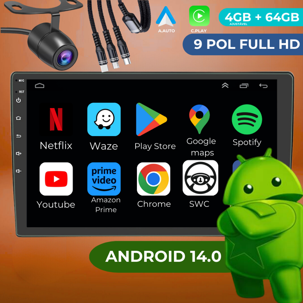 Central Multimídia 9 pol Android 13 2GB+32GB Bluetooth saída subwoofer carplay e android auto ...