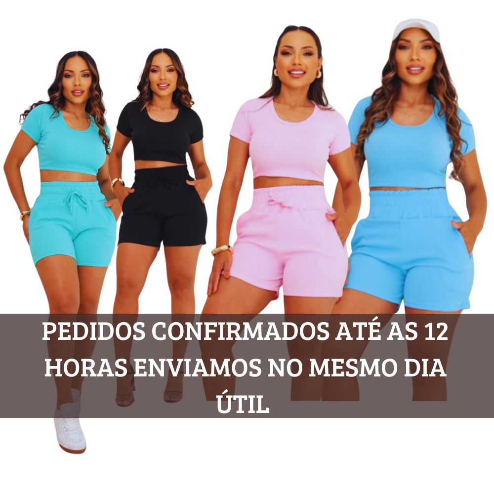 Conjunto Feminino de Short e Cropped de Verão Cintura Alta Confortável ...