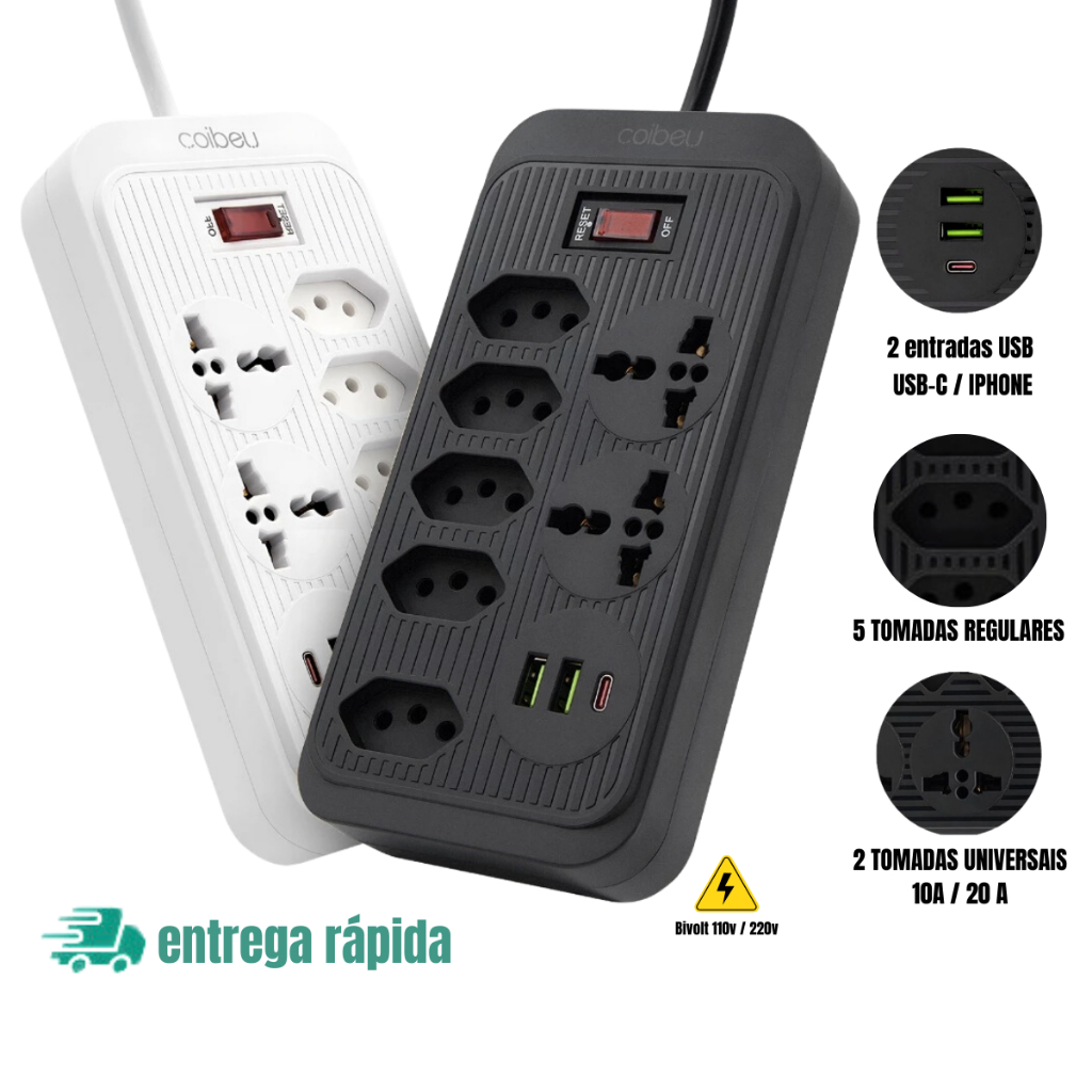 Extensão Filtro de Linha 2m 10A Com 5 tomadas de energia 2 tomadas universal 2 USB 1 Tipo-C ...